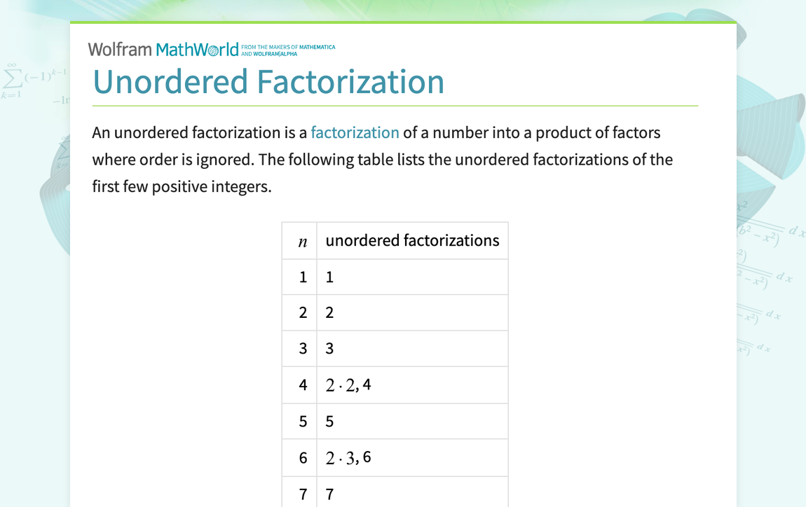 Unordered Factorization -- from Wolfram MathWorld