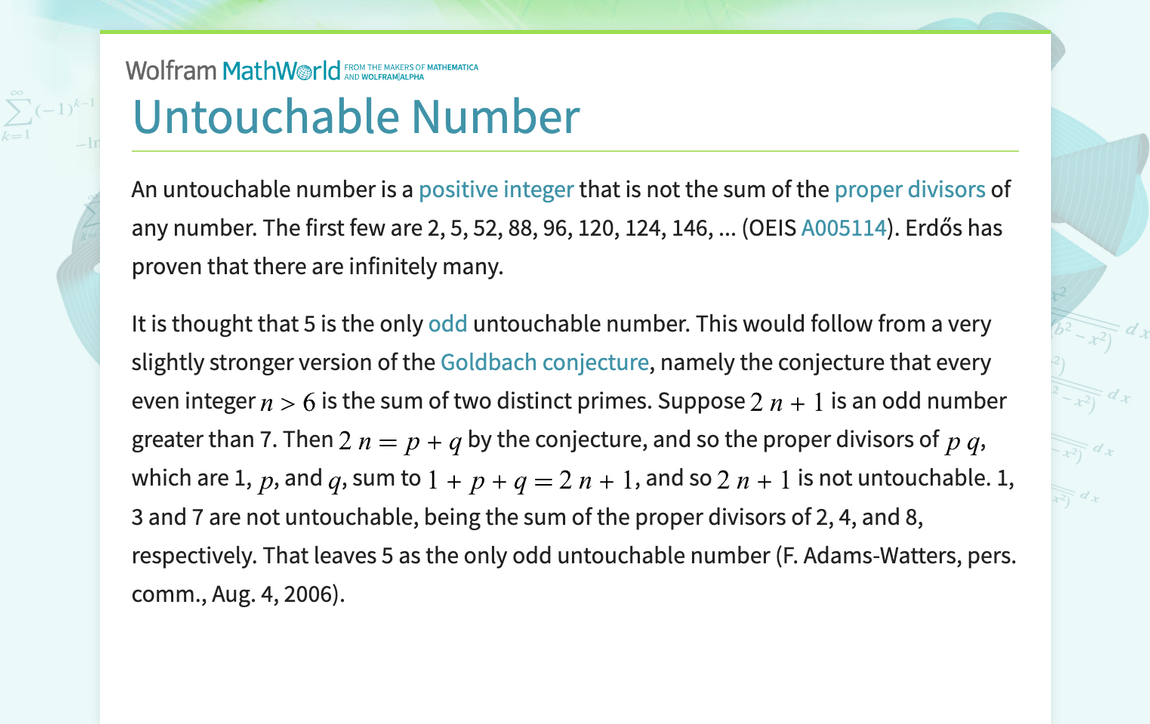 Untouchable Number -- from Wolfram MathWorld