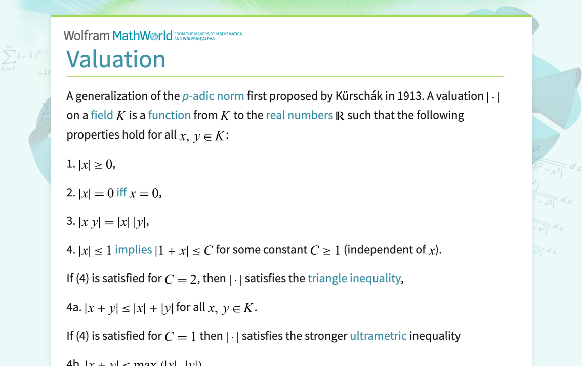 Valuation -- from Wolfram MathWorld