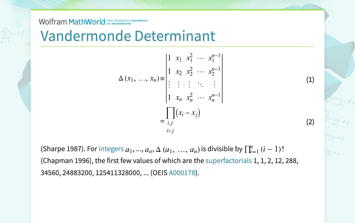 Vandermonde Determinant -- from Wolfram MathWorld