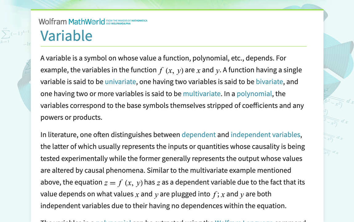 Variable -- From Wolfram Mathworld