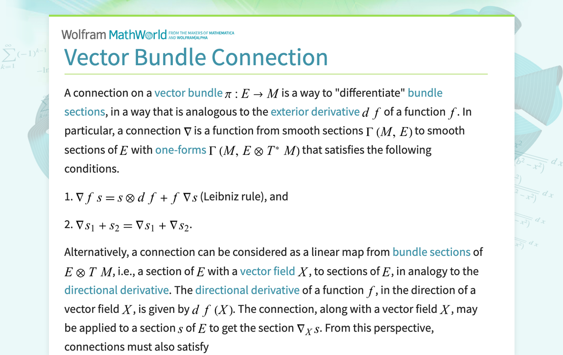 Vector Bundle Connection -- from Wolfram MathWorld