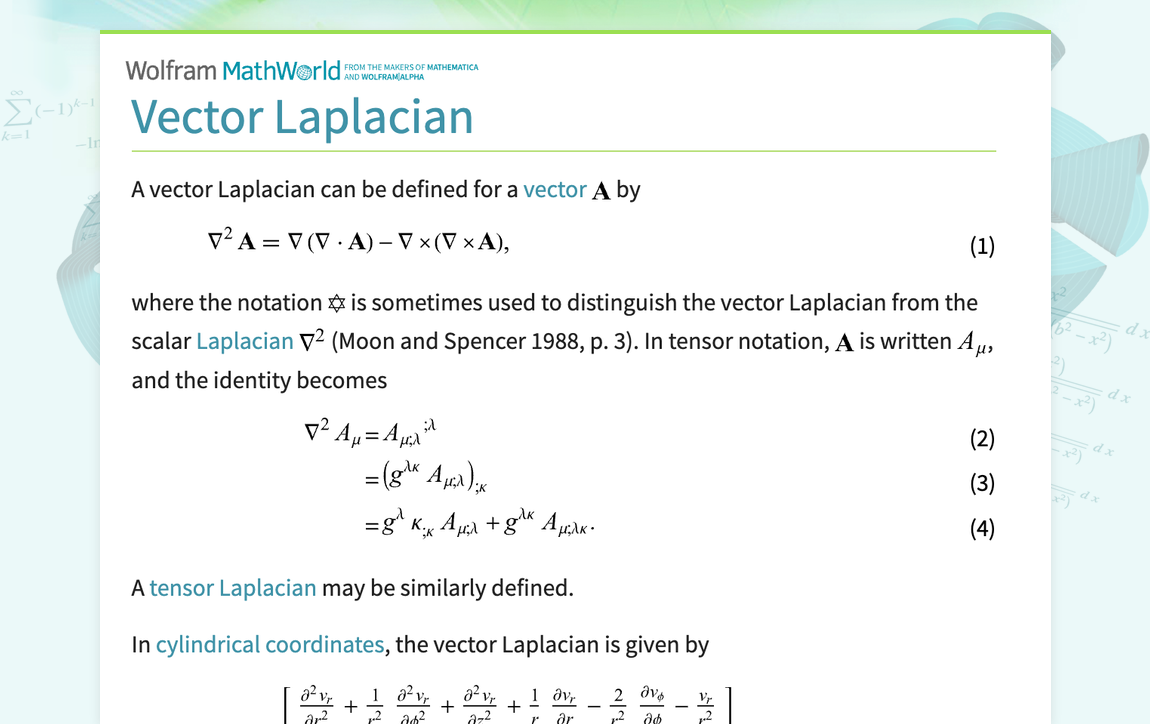 Vector Laplacian -- from Wolfram MathWorld