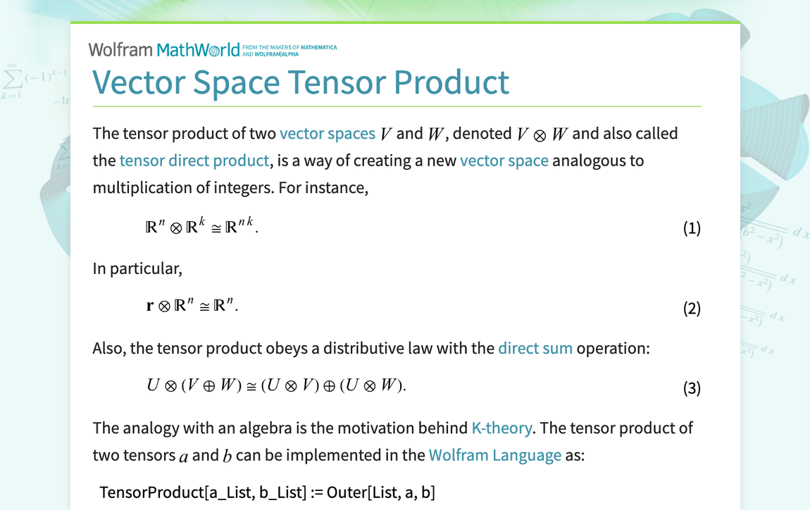 Vector Space Tensor Product -- from Wolfram MathWorld