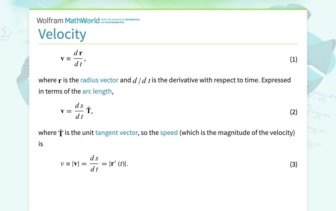 Velocity -- from Wolfram MathWorld