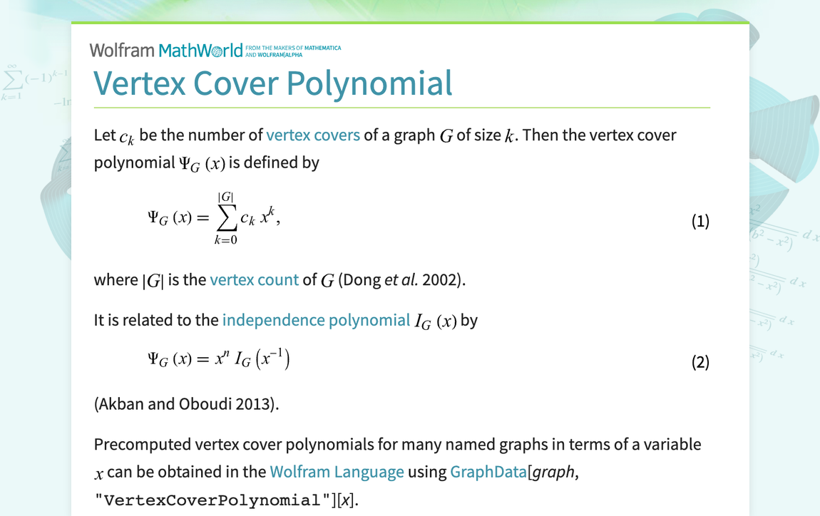 Vertex Cover Polynomial -- from Wolfram MathWorld