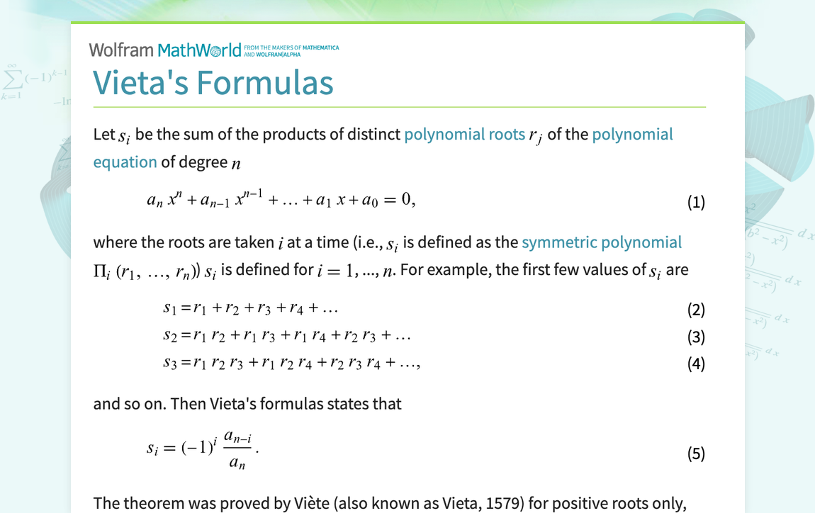 Vieta's Formulas -- from Wolfram MathWorld