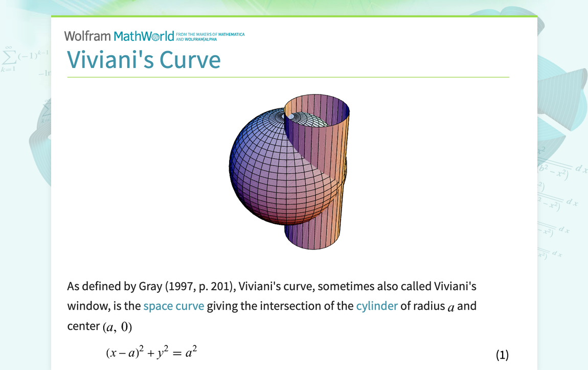 Viviani's Curve -- from Wolfram MathWorld