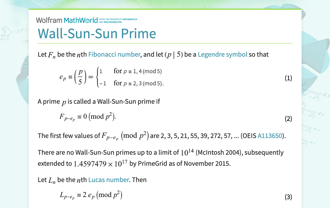 Wall-Sun-Sun Prime -- from Wolfram MathWorld