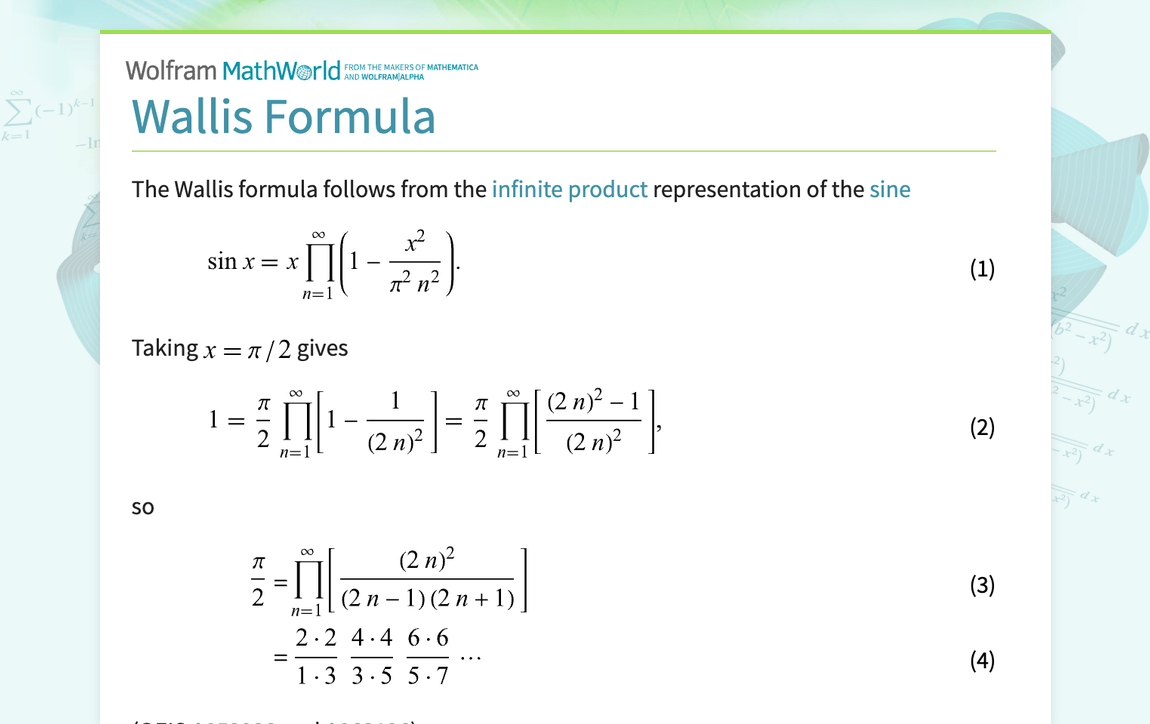 Wallis Formula -- from Wolfram MathWorld