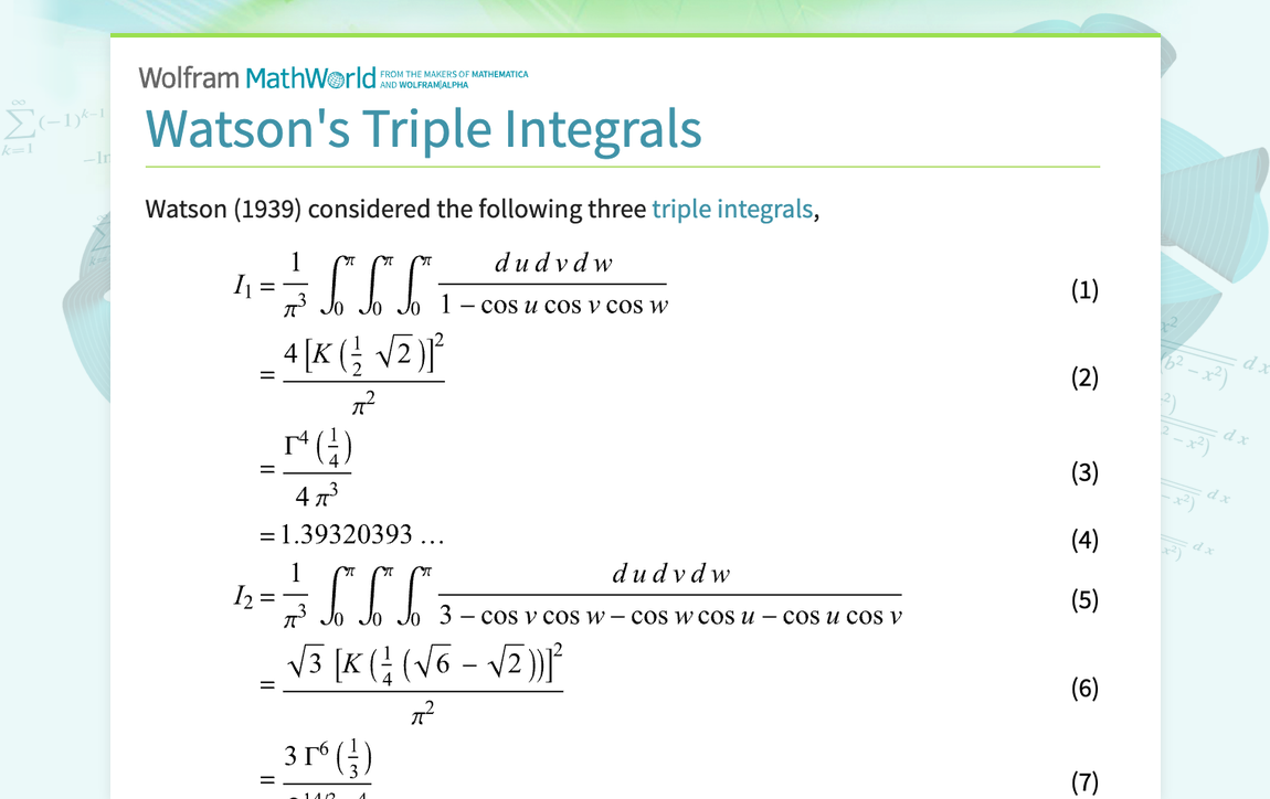 Watson's Triple Integrals -- from Wolfram MathWorld