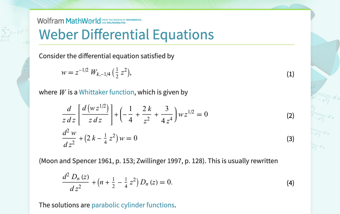 Weber Differential Equations -- from Wolfram MathWorld