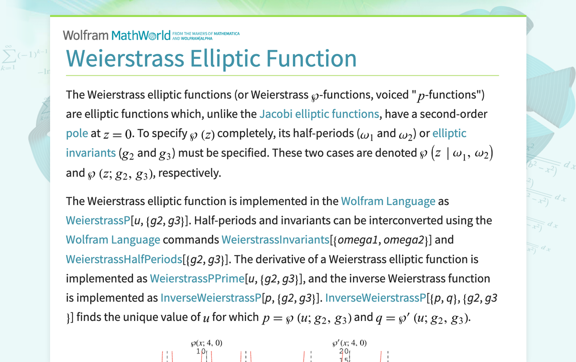 Weierstrass Elliptic Function From Wolfram Mathworld