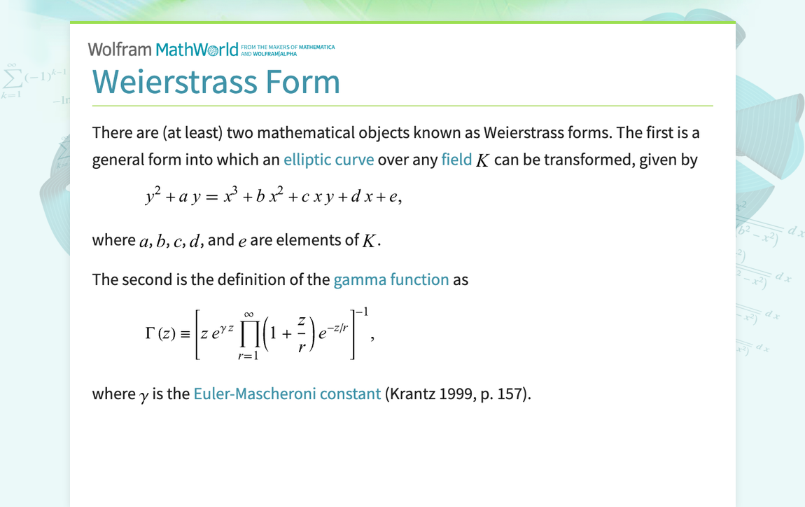 Weierstrass Form -- from Wolfram MathWorld