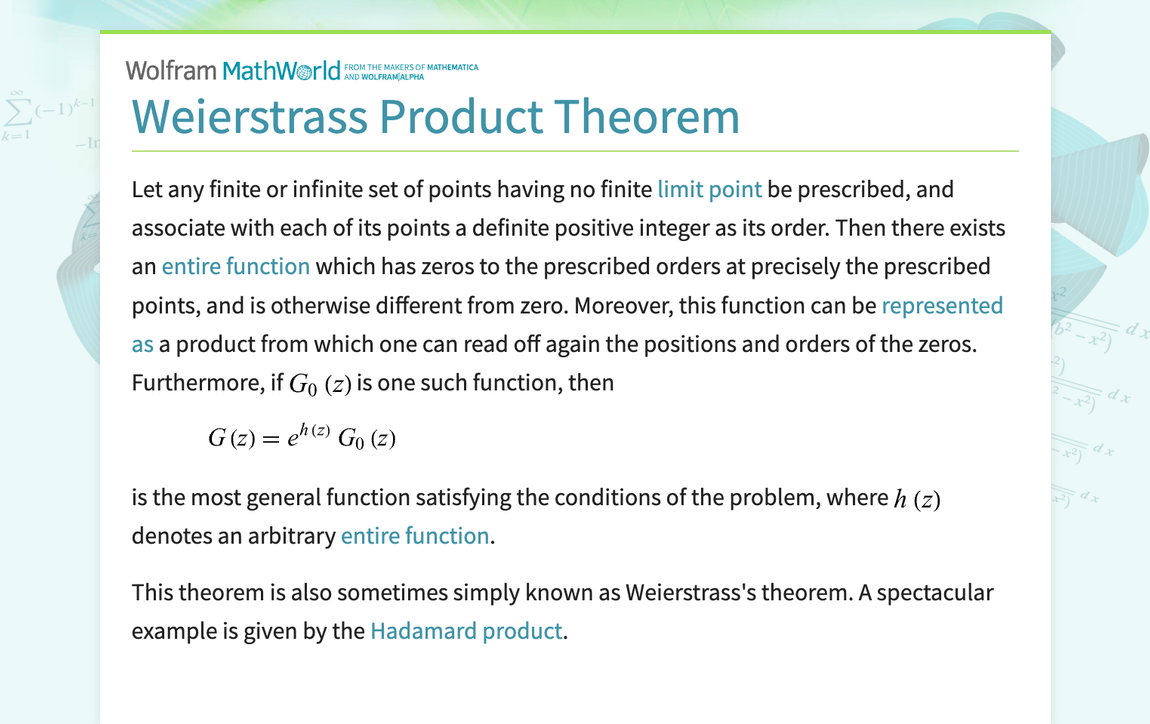 Weierstrass Product Theorem -- from Wolfram MathWorld