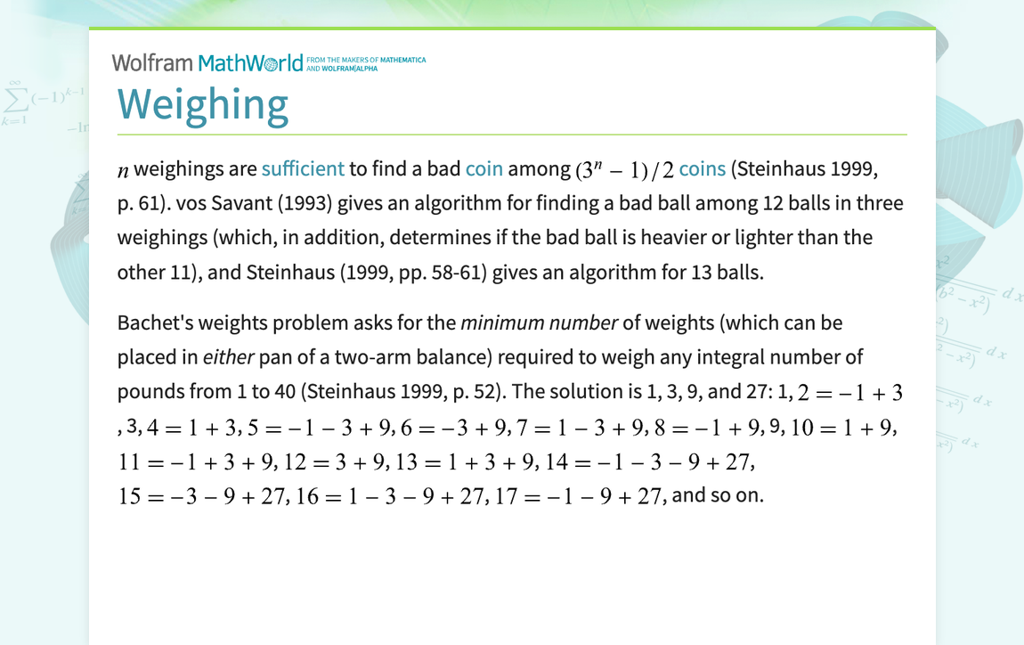 Weighing -- from Wolfram MathWorld