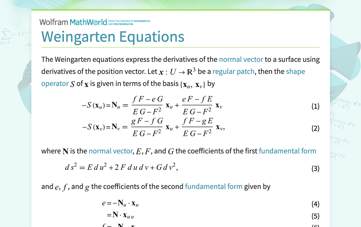 Weingarten Equations -- from Wolfram MathWorld
