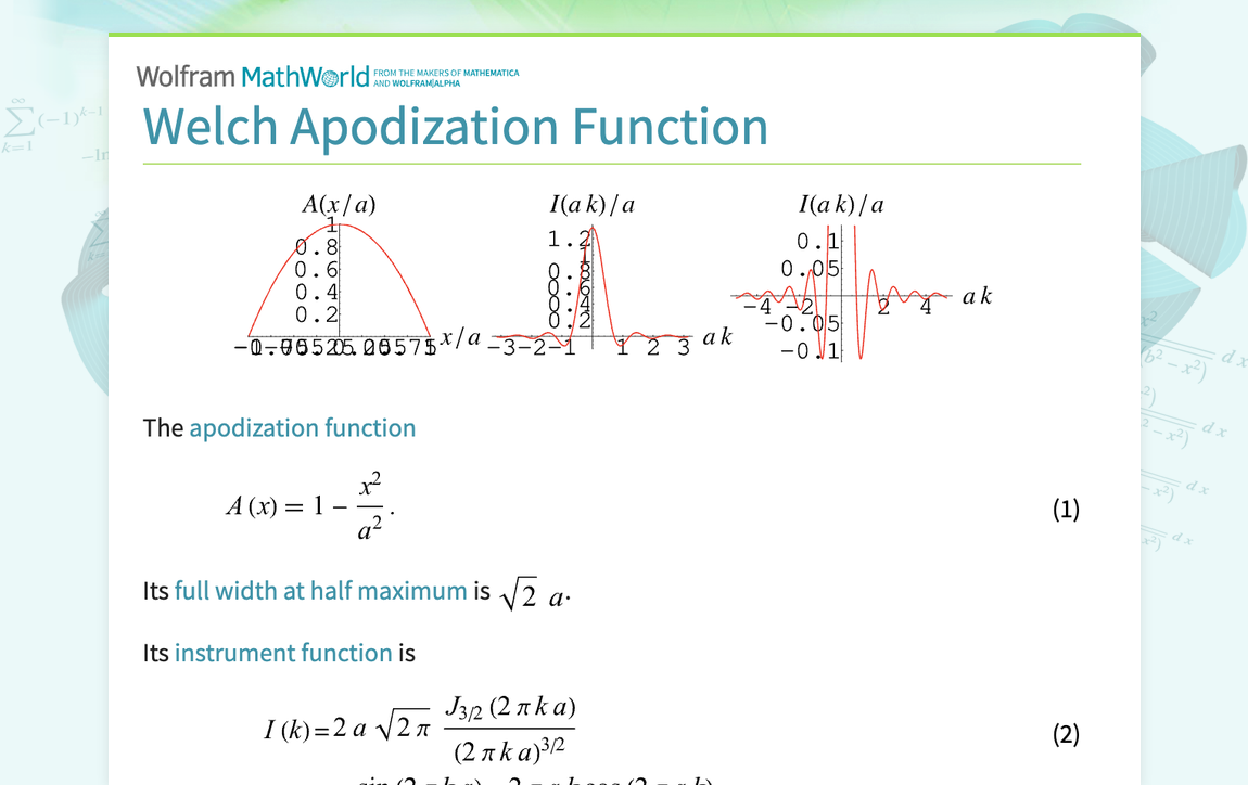 Welch Apodization Function -- from Wolfram MathWorld