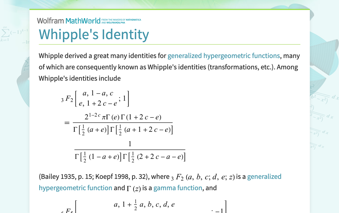 Whipple's Identity -- from Wolfram MathWorld