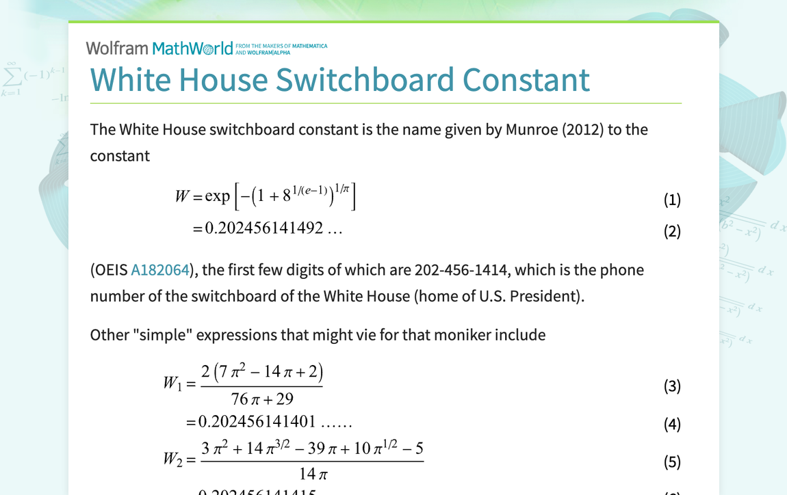 White House Switchboard Constant -- from Wolfram MathWorld