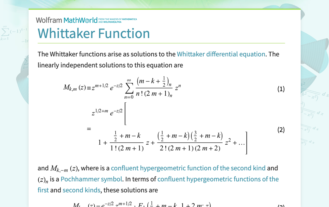 Whittaker Function -- from Wolfram MathWorld