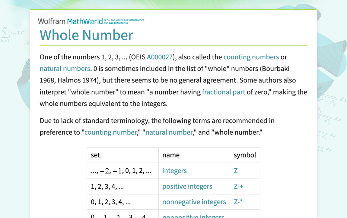 Whole Number -- From Wolfram Mathworld