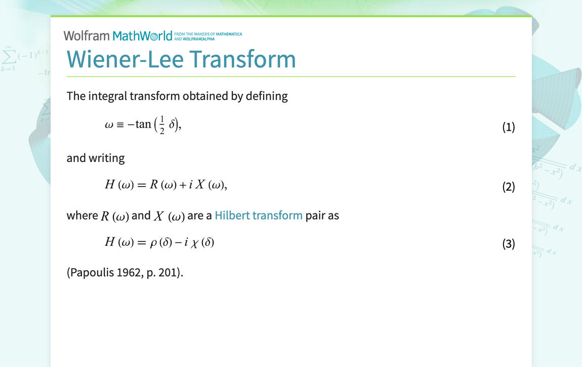 Wiener-Lee Transform -- from Wolfram MathWorld