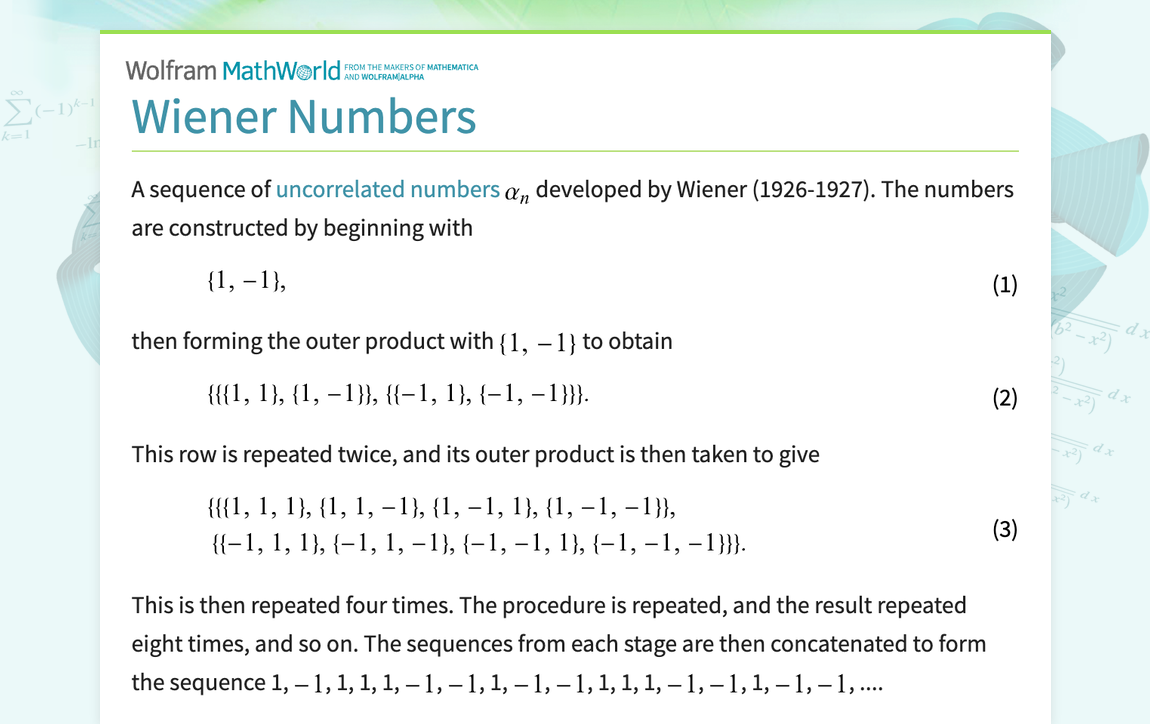 Wiener Numbers -- from Wolfram MathWorld