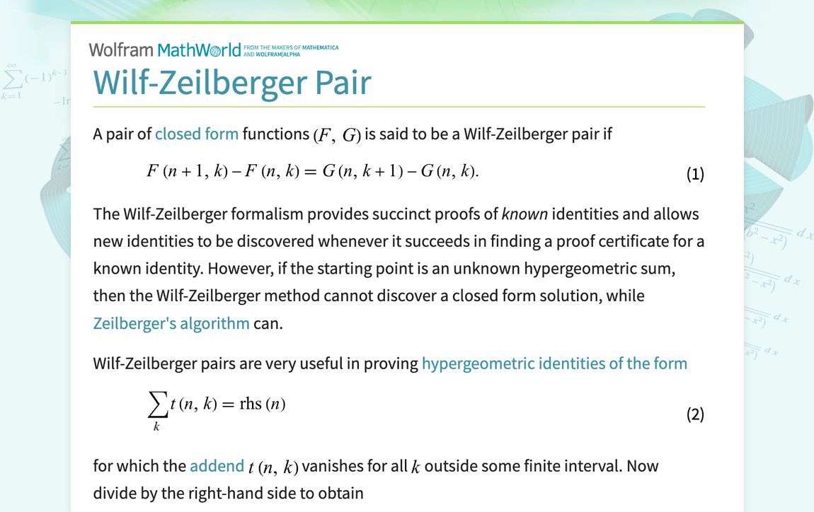 Wilf-Zeilberger Pair -- from Wolfram MathWorld