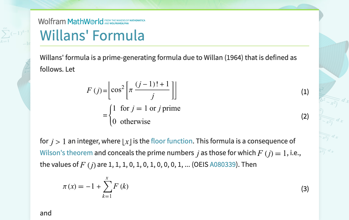 Willans' Formula -- from Wolfram MathWorld