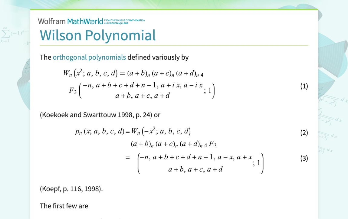 Wilson Polynomial -- from Wolfram MathWorld