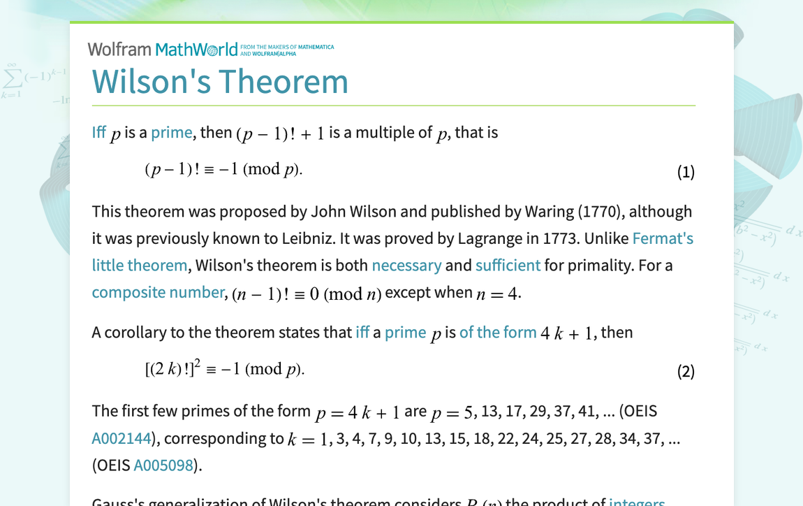 Wilson's Theorem -- from Wolfram MathWorld