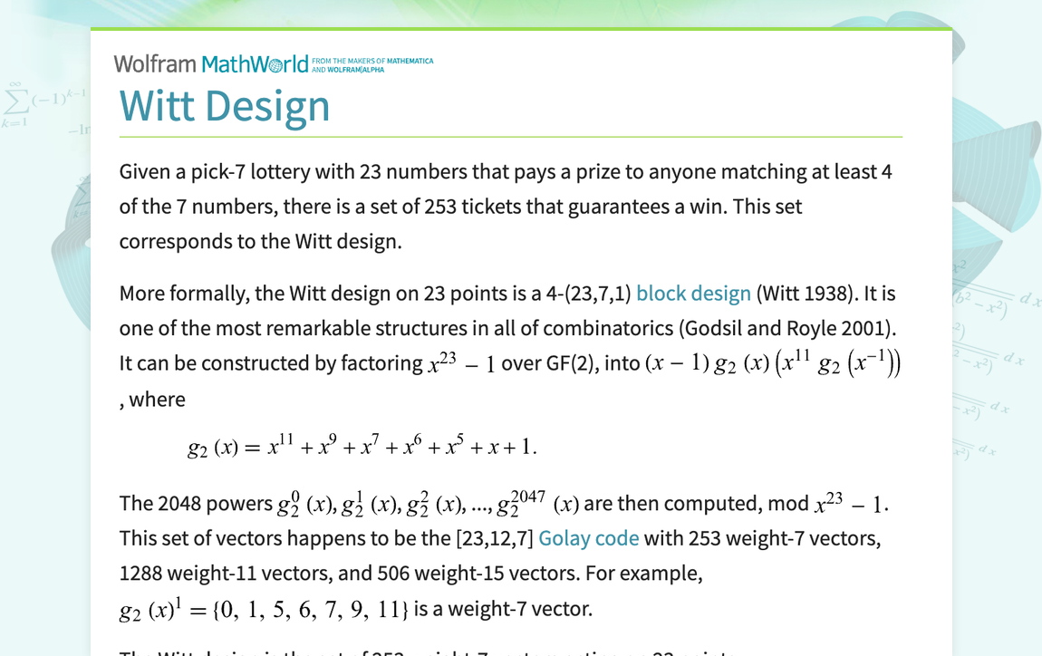Witt Design -- from Wolfram MathWorld