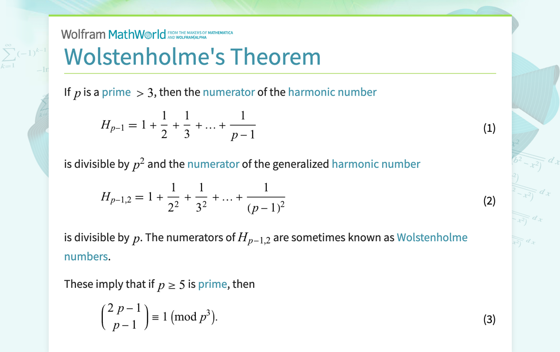 Wolstenholme's Theorem -- from Wolfram MathWorld