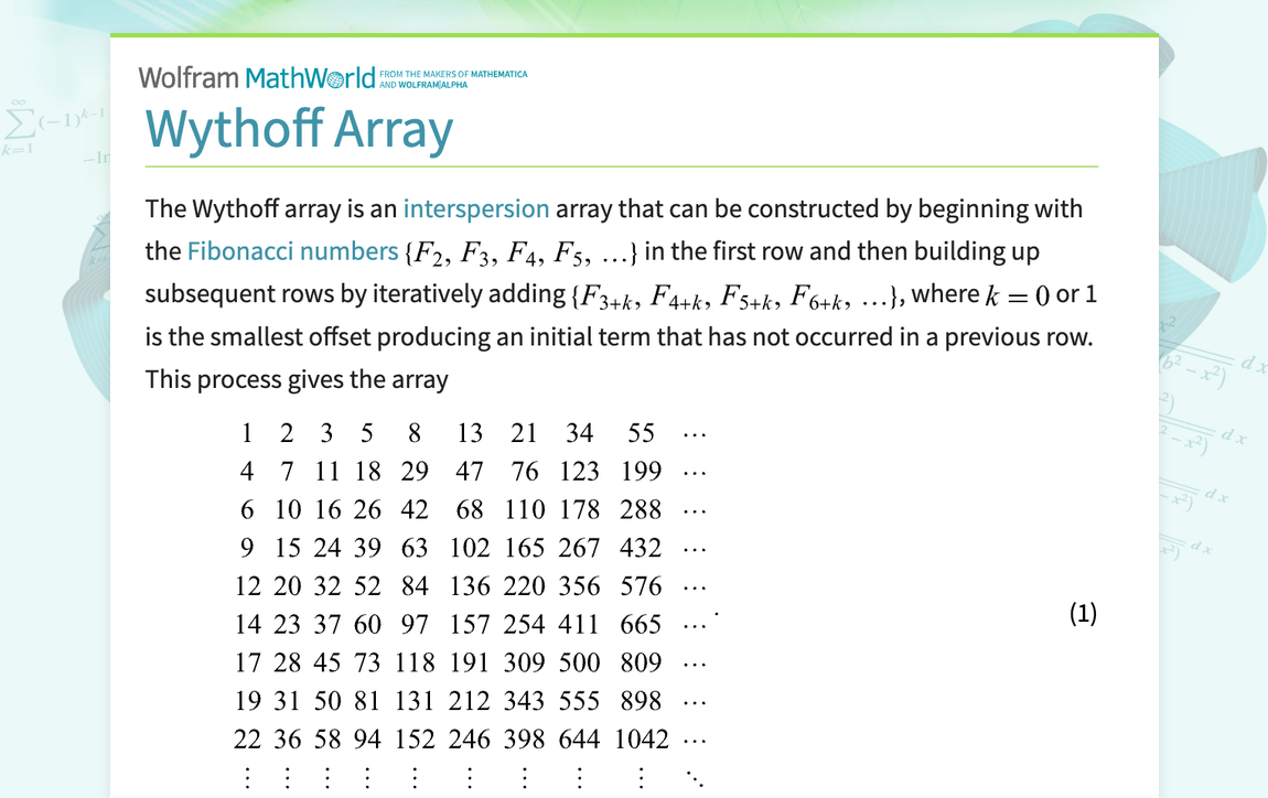 Wythoff Array -- from Wolfram MathWorld