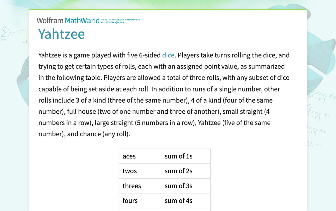 Yahtzee -- from Wolfram MathWorld
