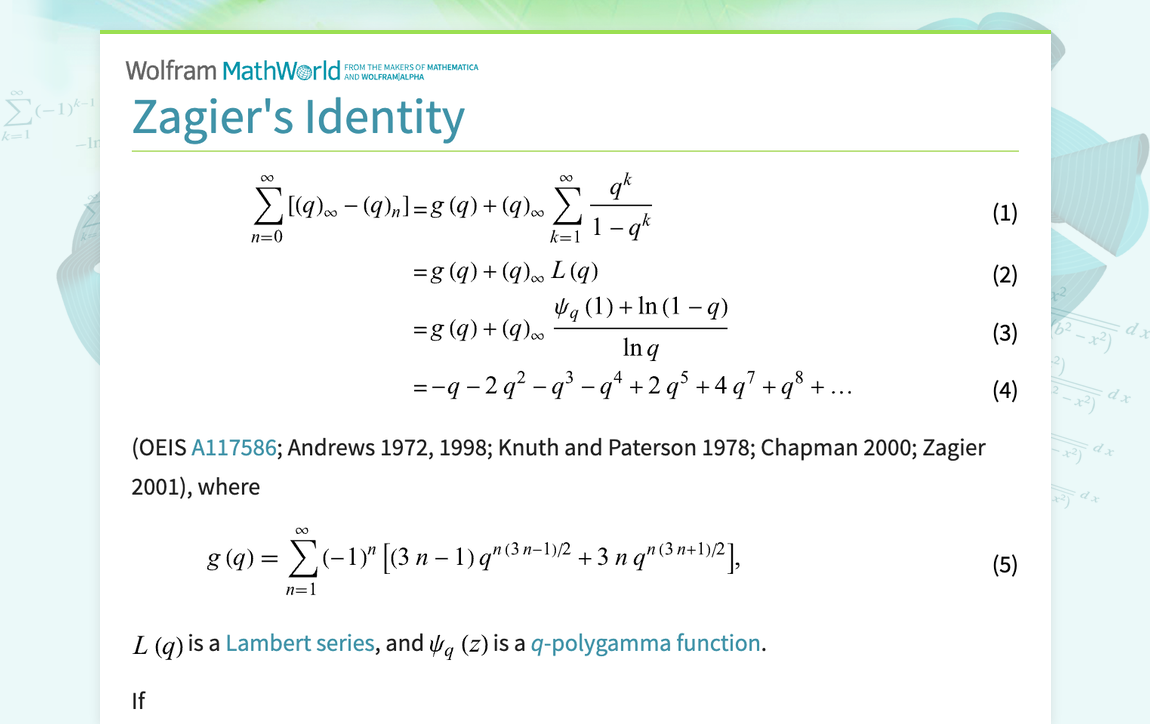 Zagier's Identity -- from Wolfram MathWorld