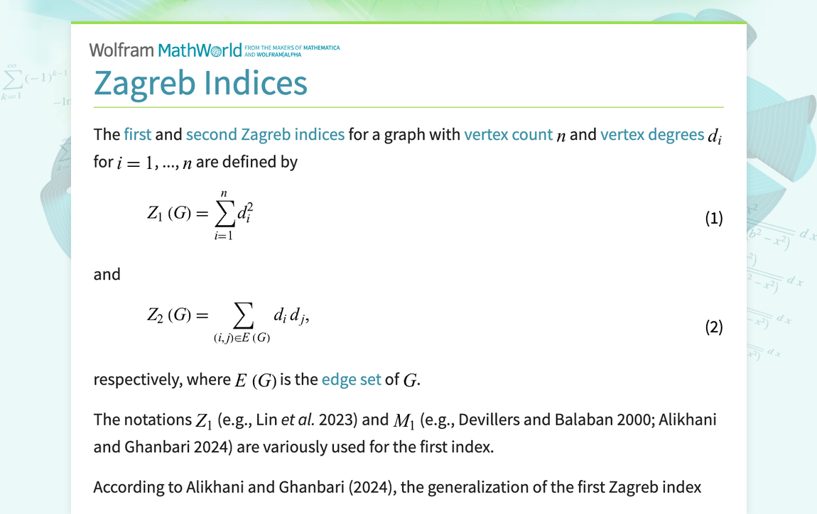 Zagreb Indices -- from Wolfram MathWorld