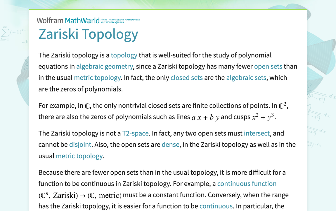 Zariski Topology -- from Wolfram MathWorld