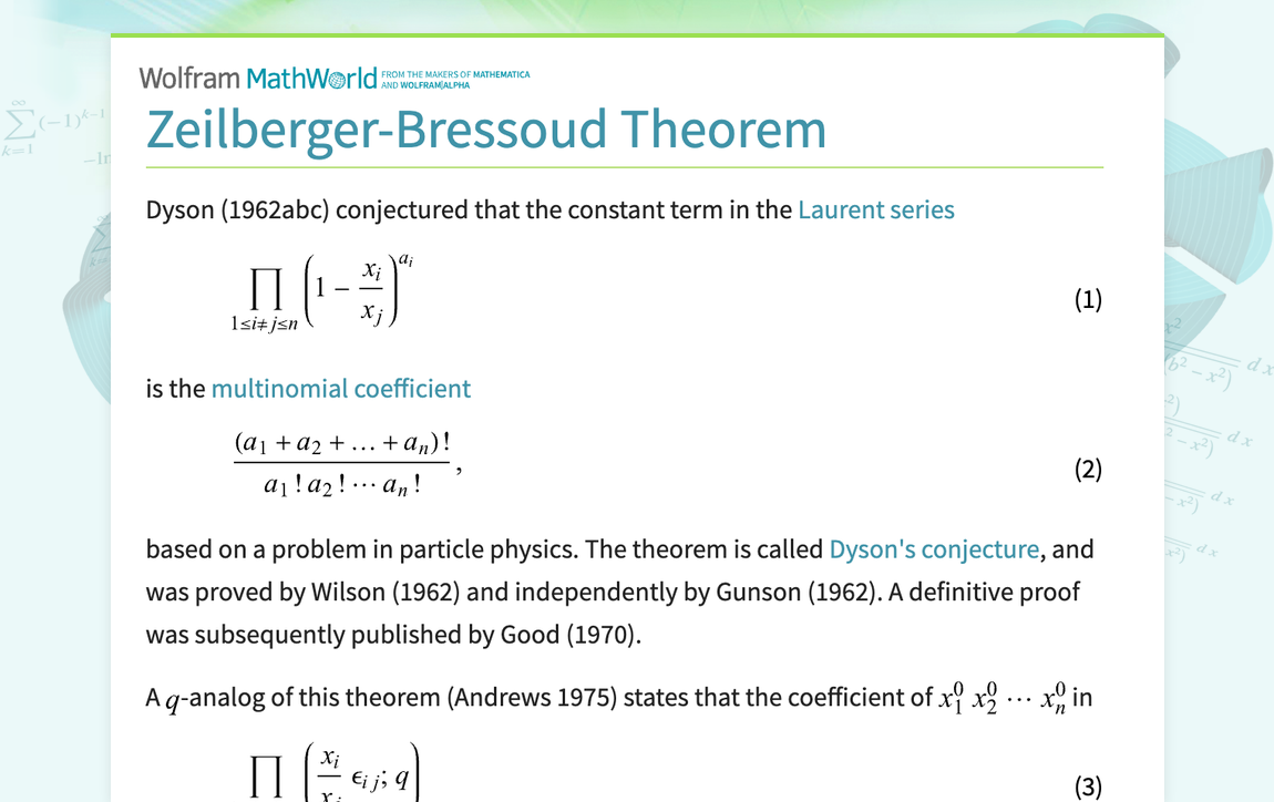 Zeilberger-Bressoud Theorem -- from Wolfram MathWorld