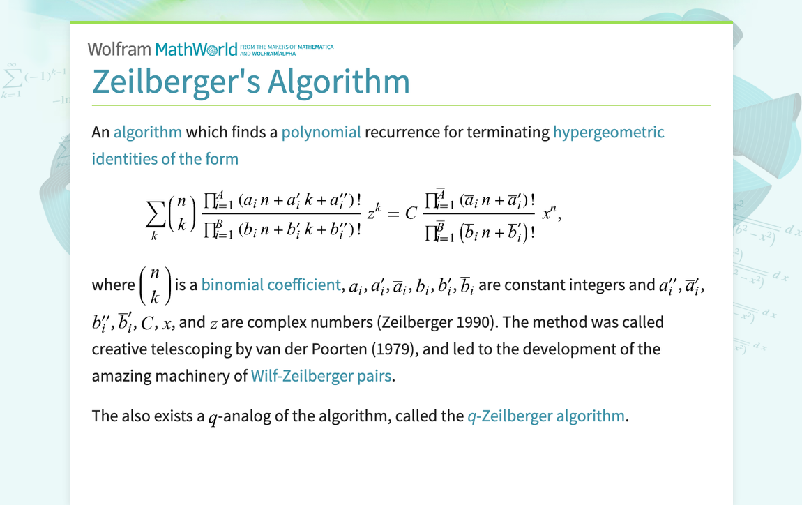 Zeilbergers Algorithm From Wolfram Mathworld