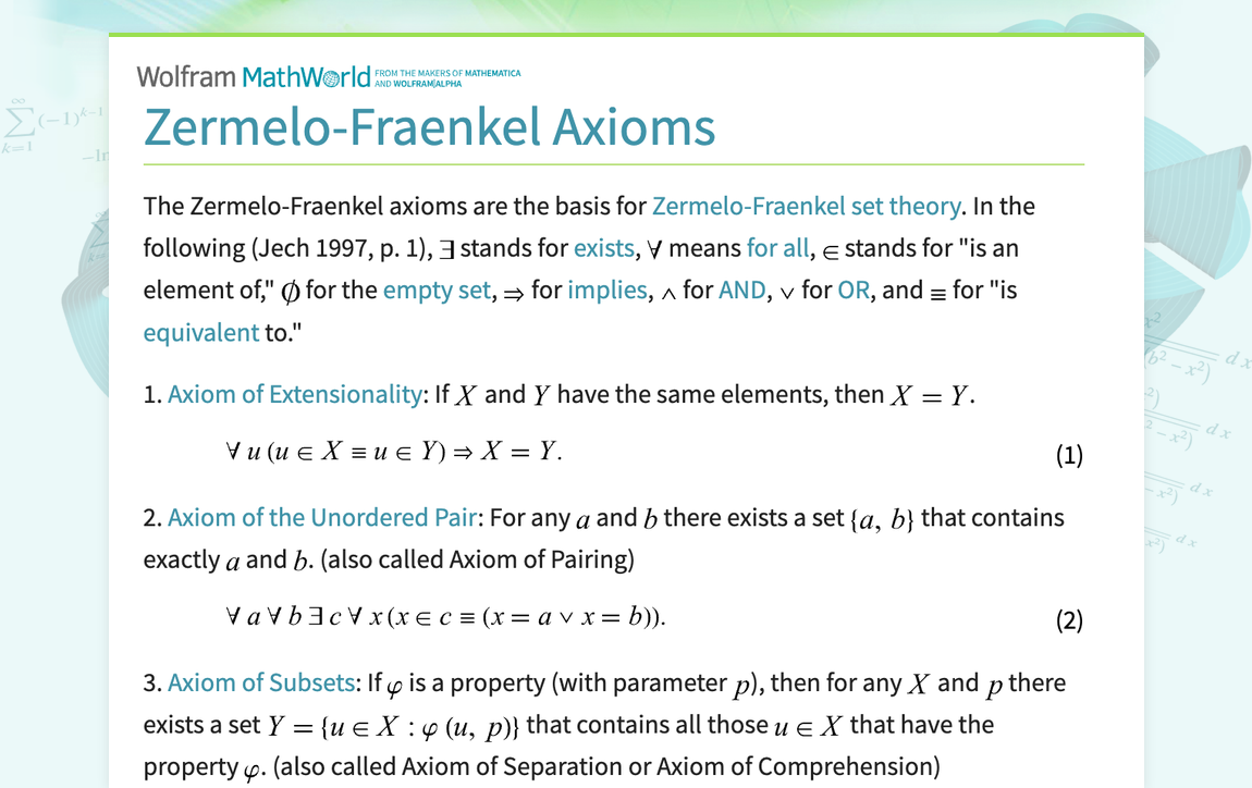 Zermelo-Fraenkel Axioms -- from Wolfram MathWorld