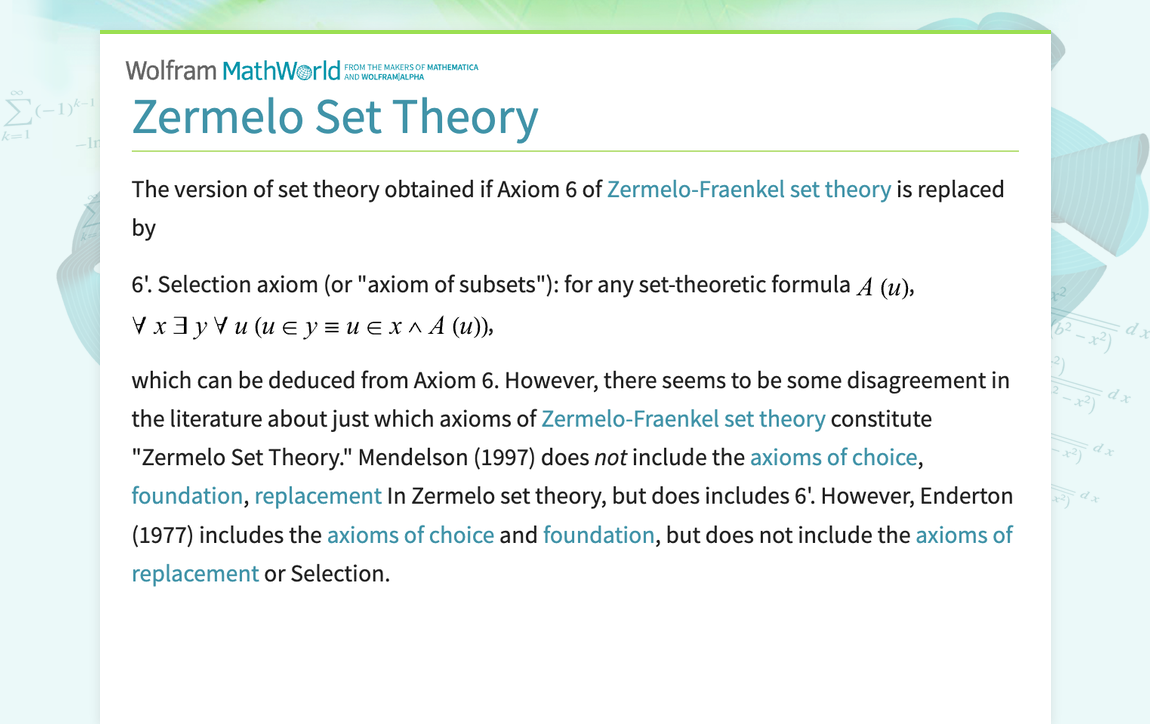 Zermelo Set Theory -- from Wolfram MathWorld