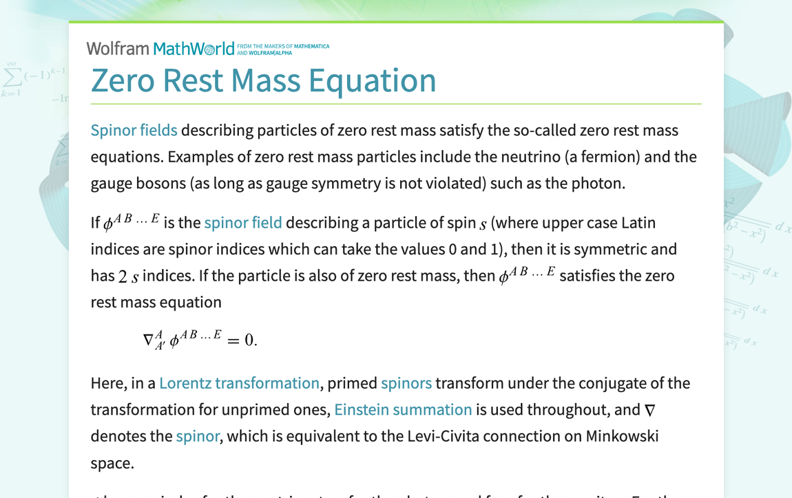 Zero Rest Mass Equation -- from Wolfram MathWorld