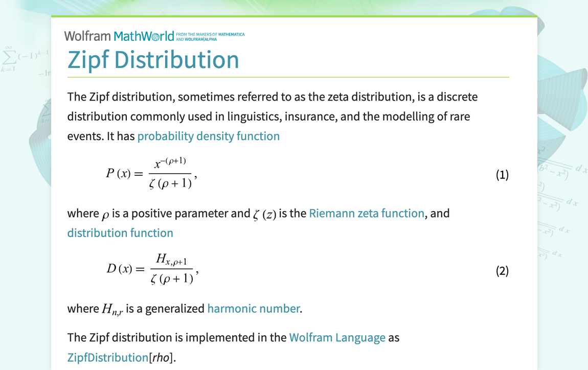 Zipf Distribution -- from Wolfram MathWorld
