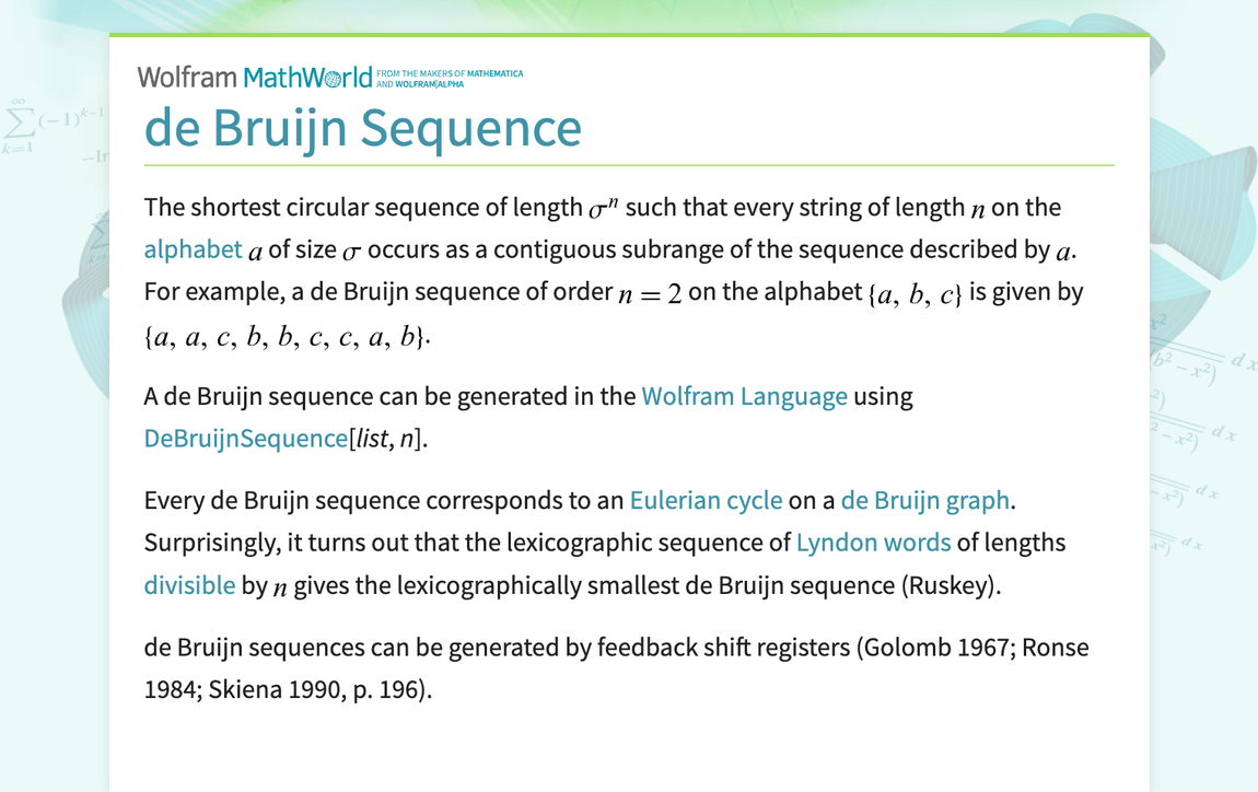 de Bruijn Sequence -- from Wolfram MathWorld