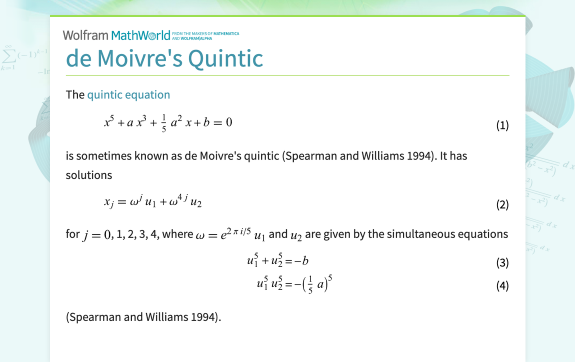 de Moivre's Quintic -- from Wolfram MathWorld