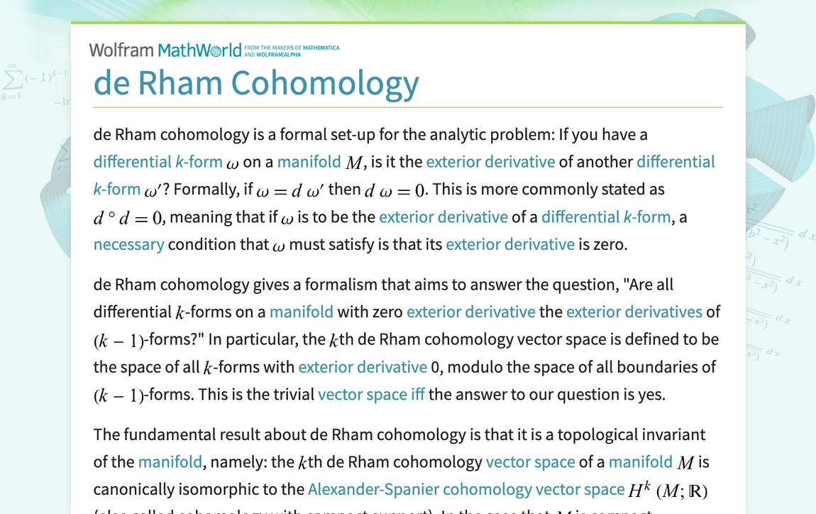 de Rham Cohomology -- from Wolfram MathWorld