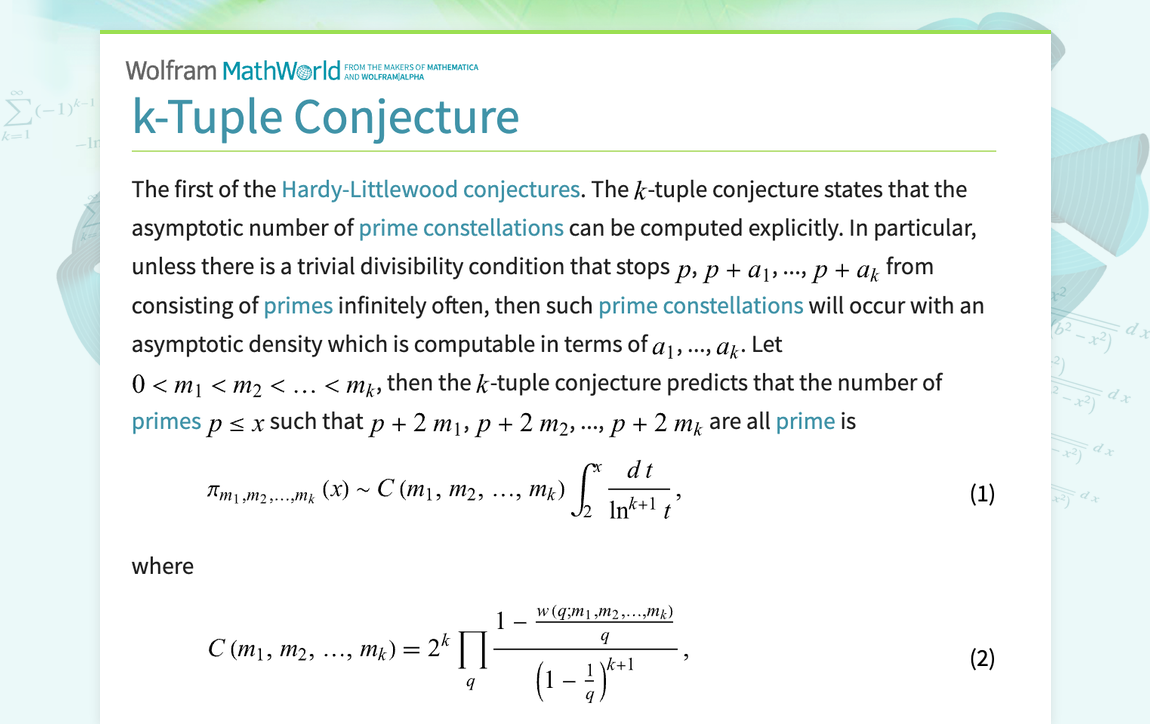 k-Tuple Conjecture -- from Wolfram MathWorld