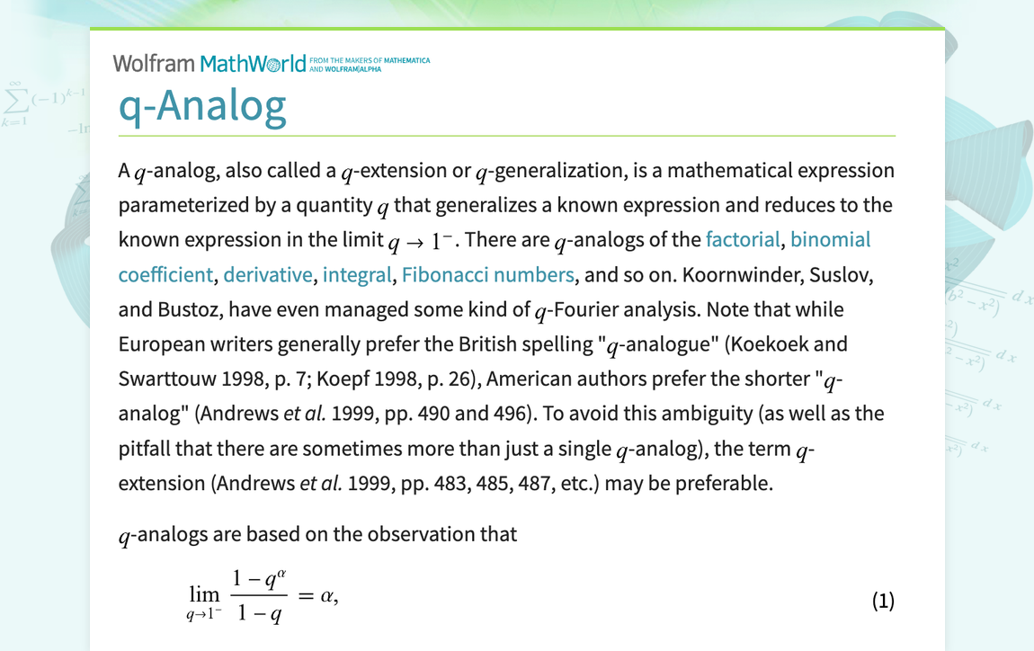 q-Analog -- from Wolfram MathWorld